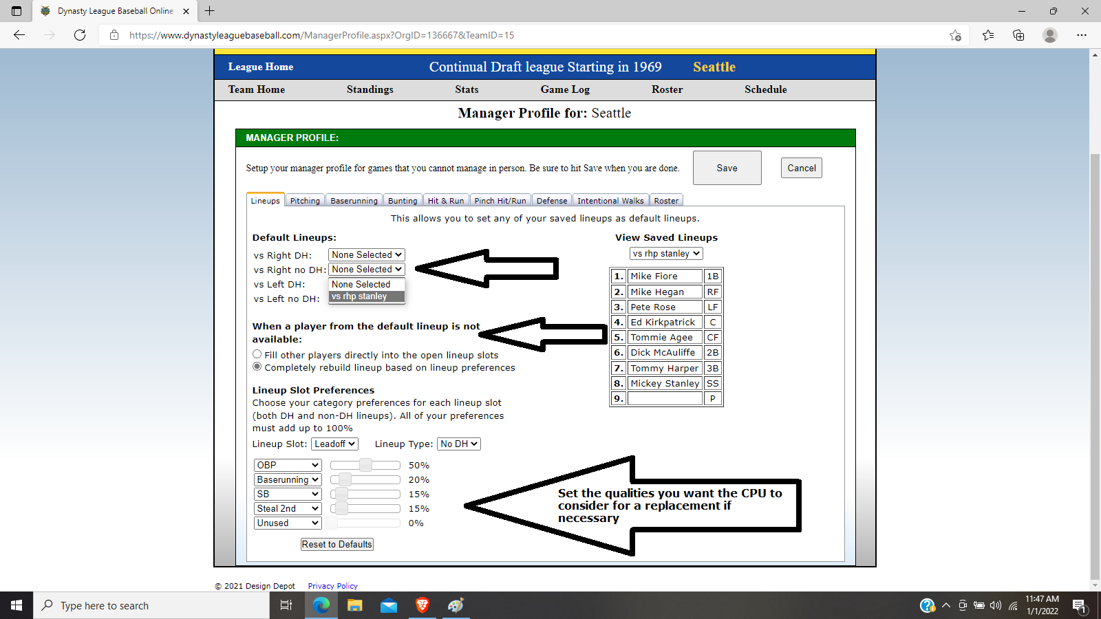 1969 League FYI How to set up your lineup in case the CPU has to play a ...
